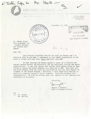 "Letter from Dwight Rideout to Thomas Aceto on Recruitment of Black Stu ...